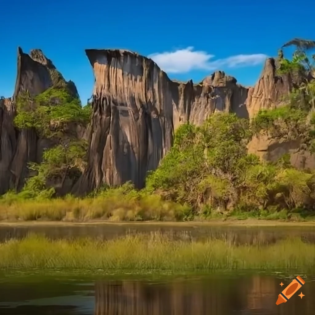 Tropical marsh with wind-carved rock formations on Craiyon