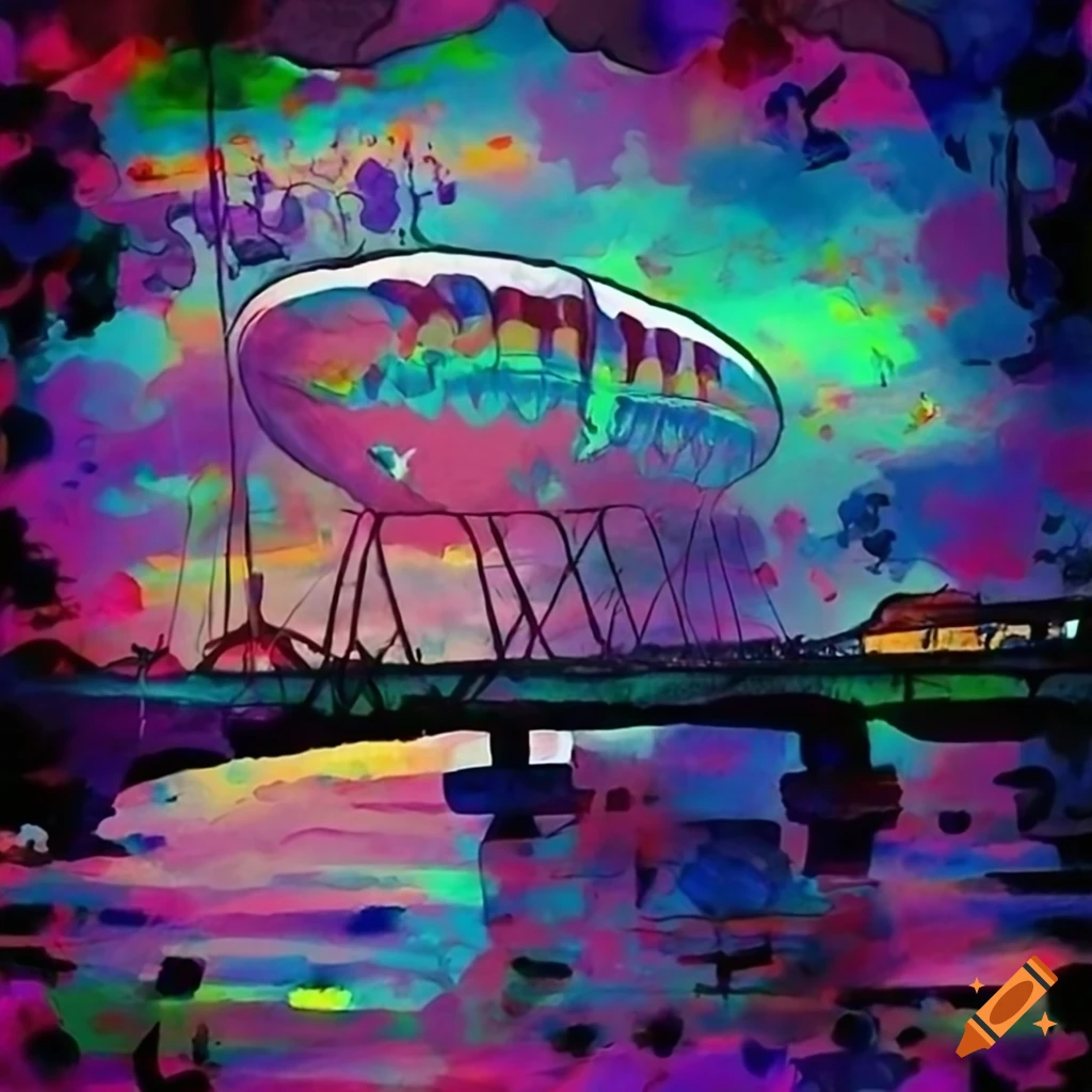Psychedelic-toned artwork of a dirigible named Pax on a bridge in ...