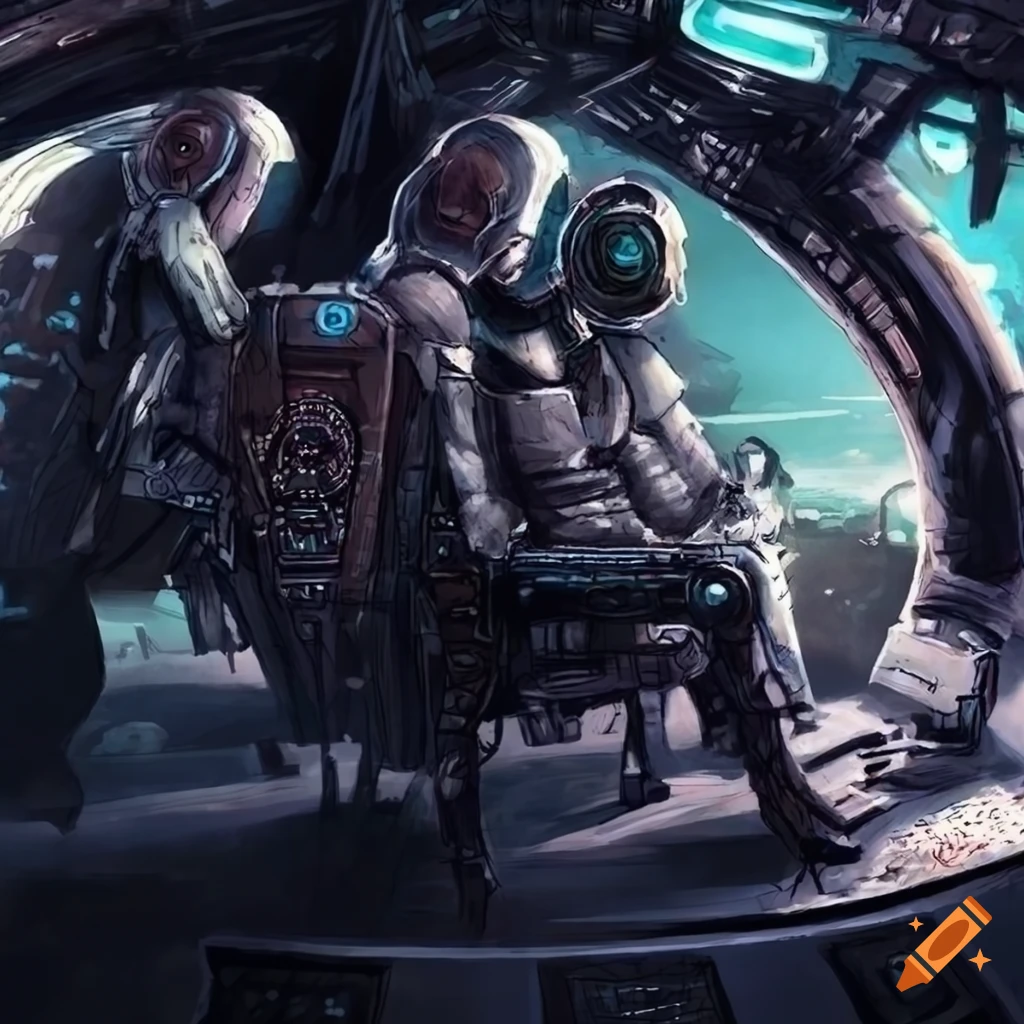 Detailed comic book art of pilots in futuristic cockpit on Craiyon