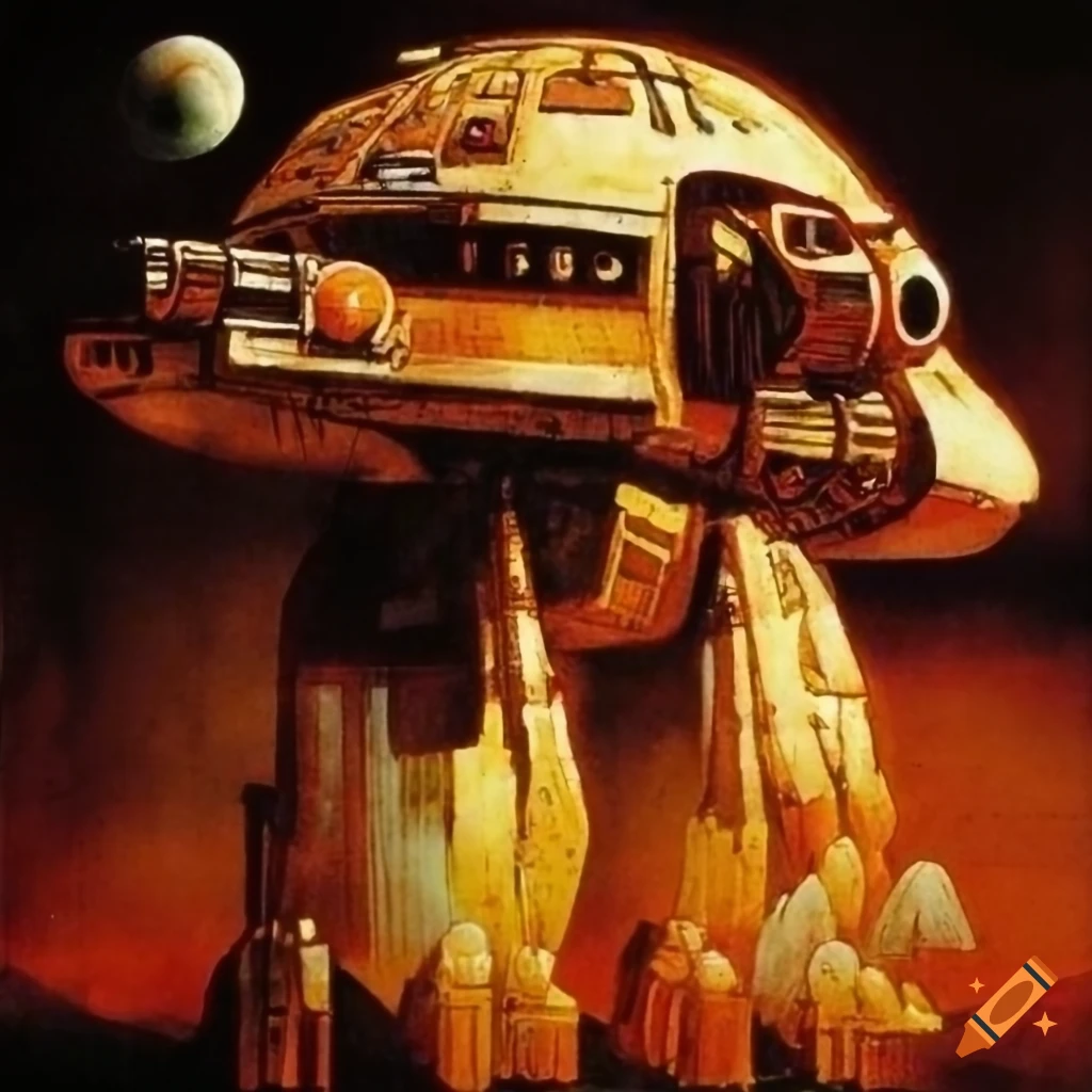 70s sci-fi artwork of a red wrecking machine on Craiyon