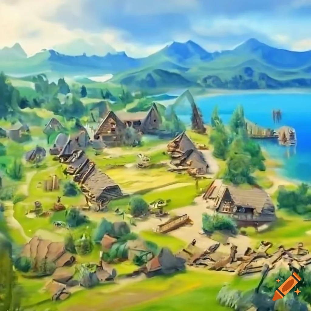 Aerial view of a detailed viking village on Craiyon