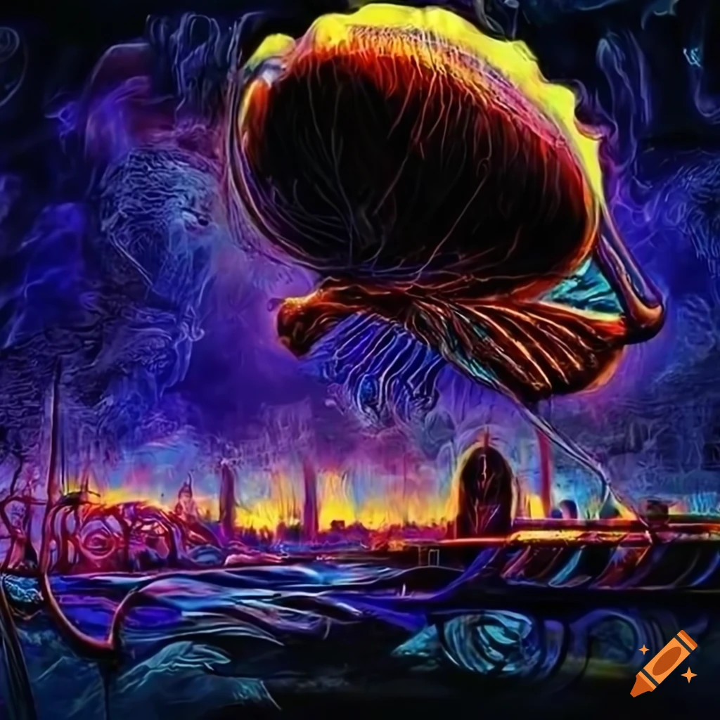 Dark abstract artwork of a psychedelic-toned dirigible named Pax on a ...