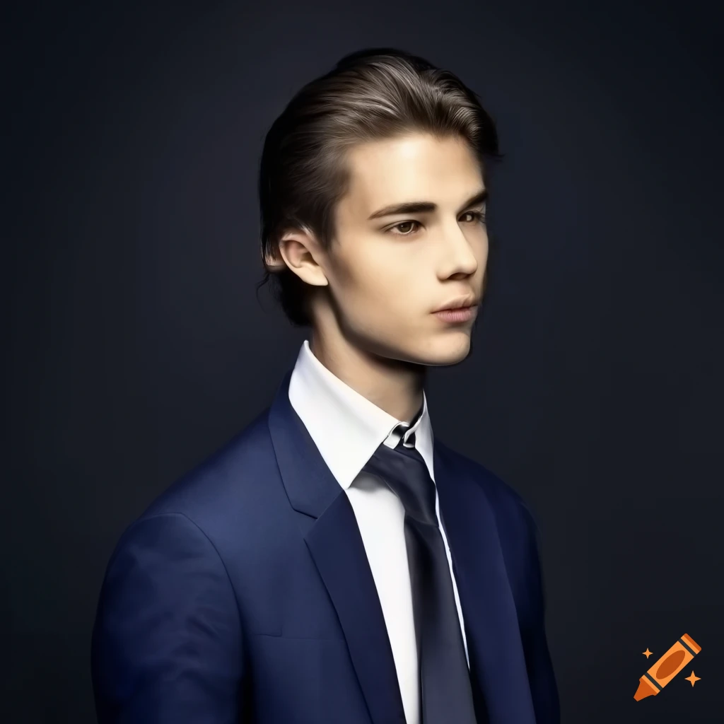 Portrait of a handsome young man in navy blue suit on Craiyon
