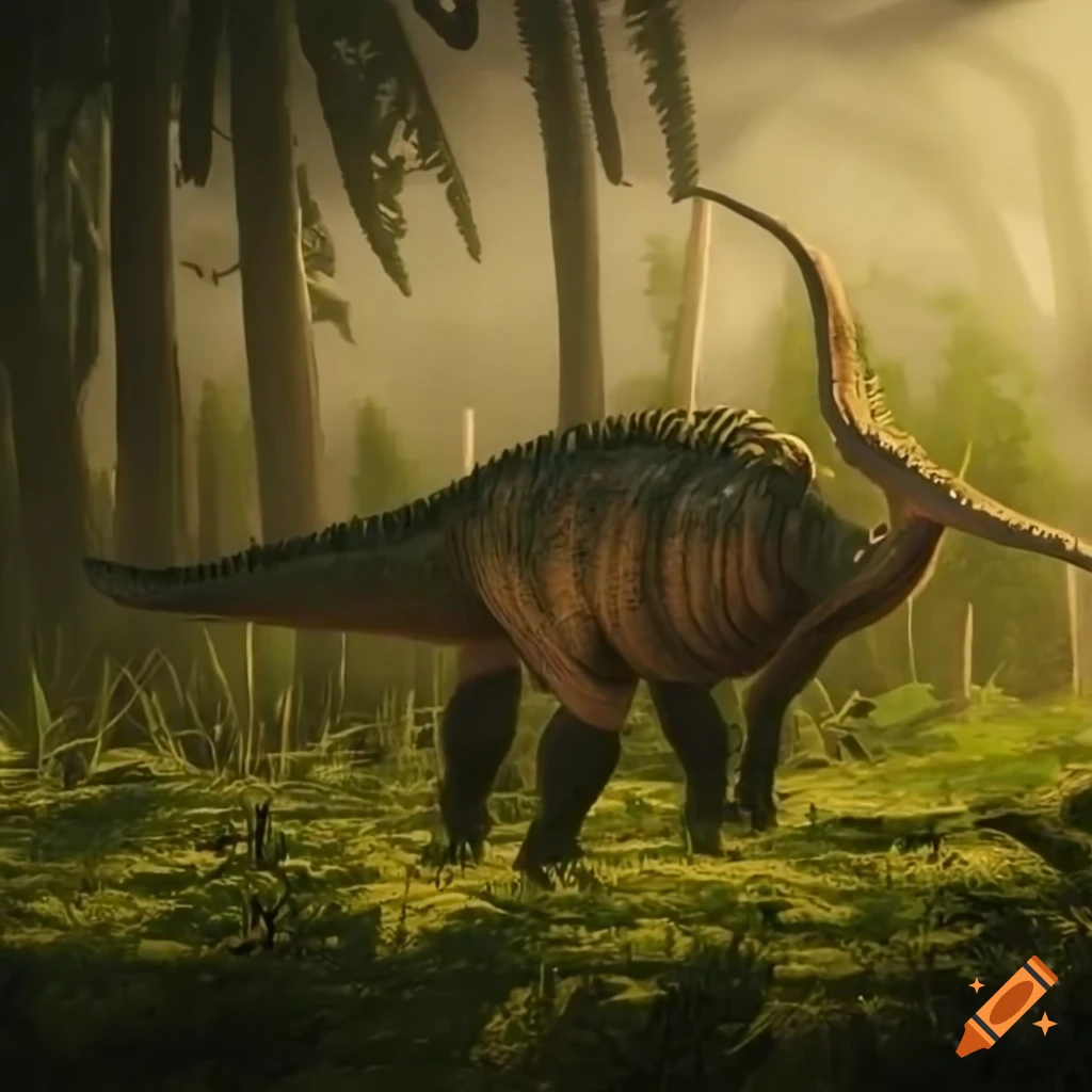 Beautiful dinosaurs in a marshland under warm morning light on Craiyon