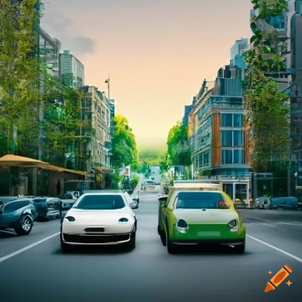 Image of a sustainable city with electric cars and trees on Craiyon