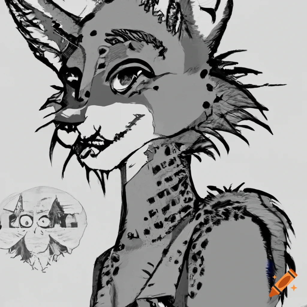 Collage artwork of punk furry character with ink and pins on Craiyon