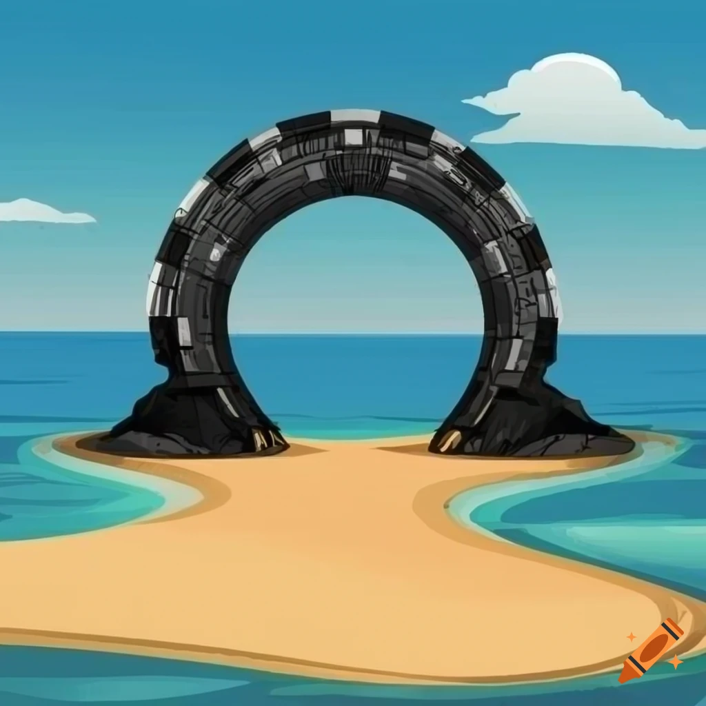 Cartoon rendering of a stargate on a sunny beach