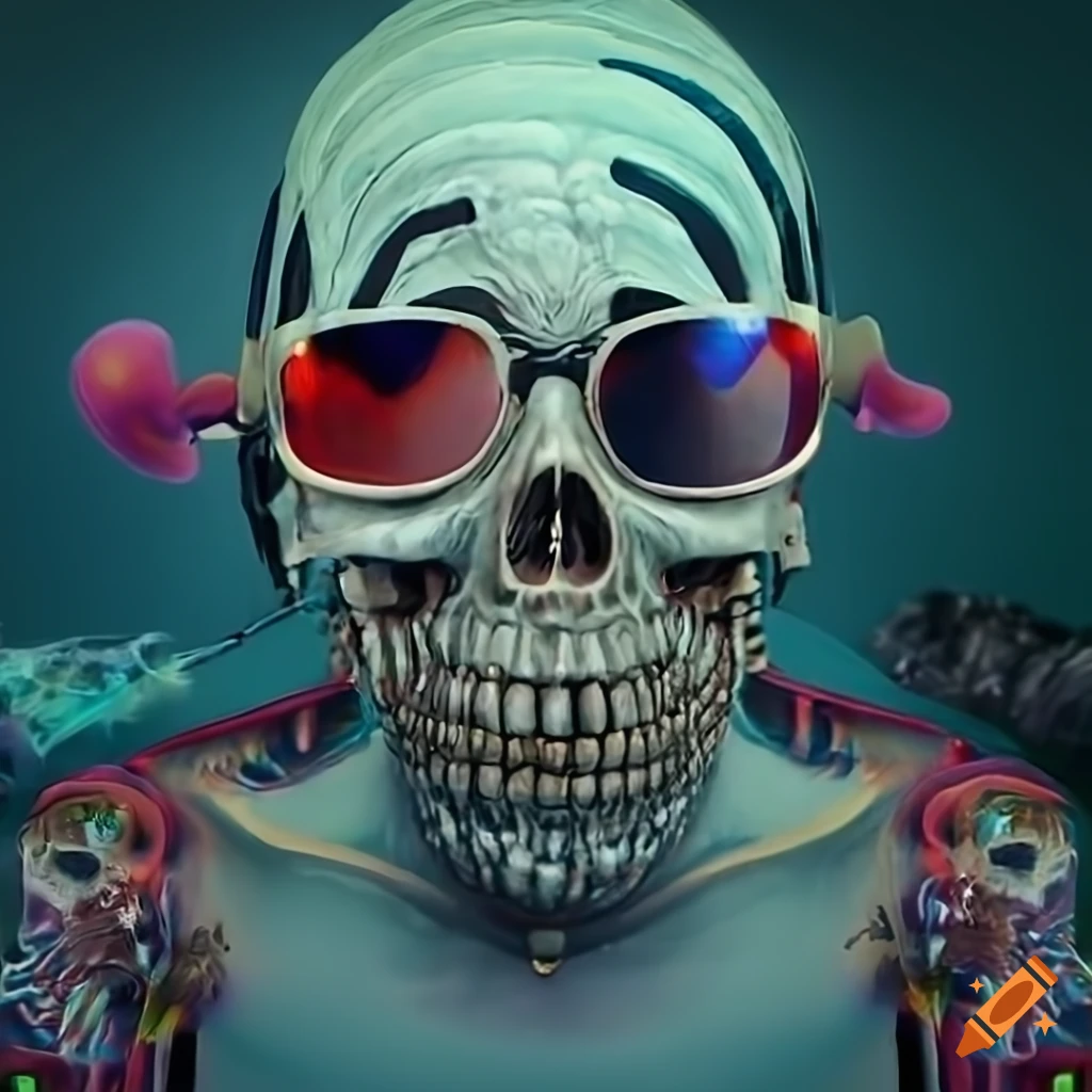 Metallic street art skull singing with sunglasses on Craiyon