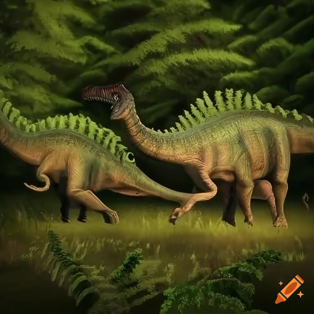 Paleoart of three hadrosaurus dinosaurs in a field with ferns on Craiyon