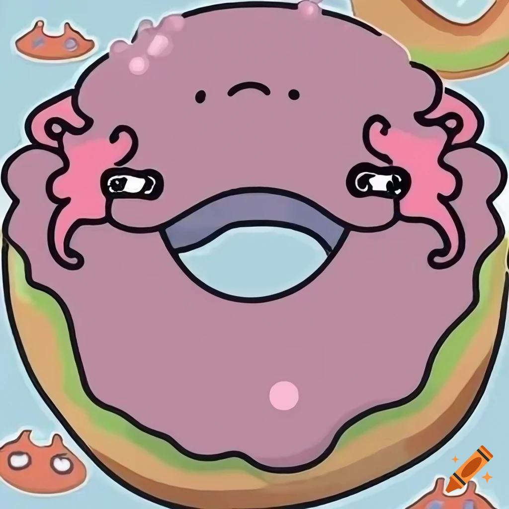 Kawaii axolotl transforming into a donut line sticker on Craiyon