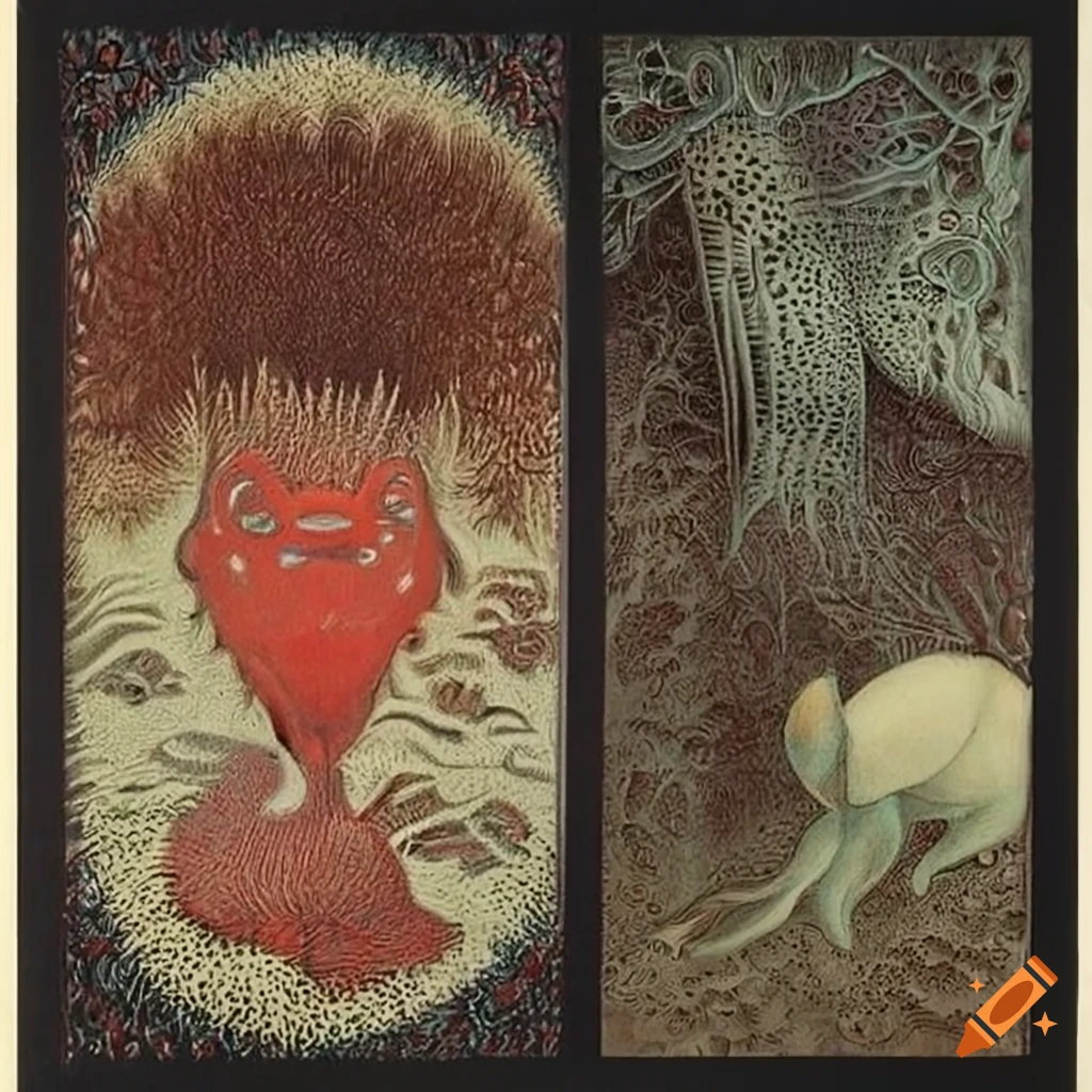 Color serigraph of native salish motifs and fantasy creatures on Craiyon