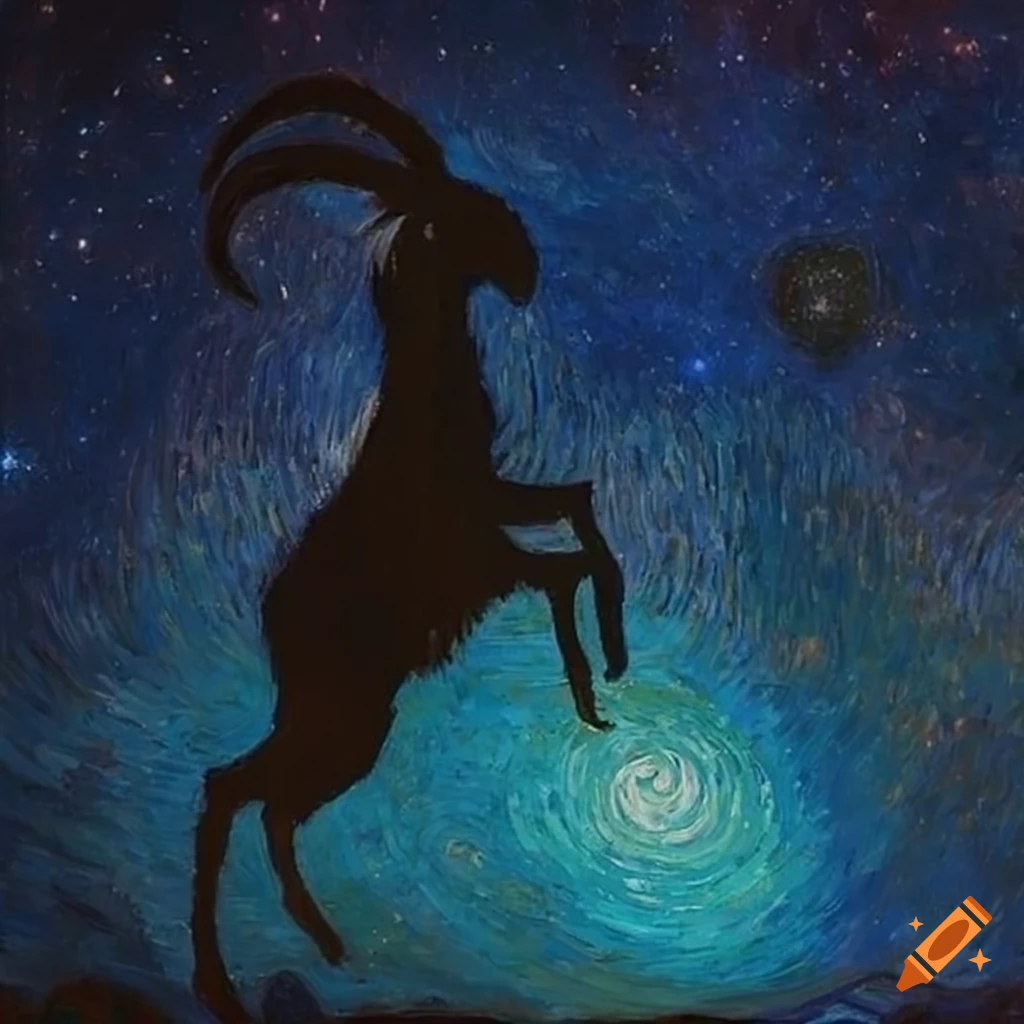 Van Gogh painting of a jumping goat in cosmic backdrop on Craiyon