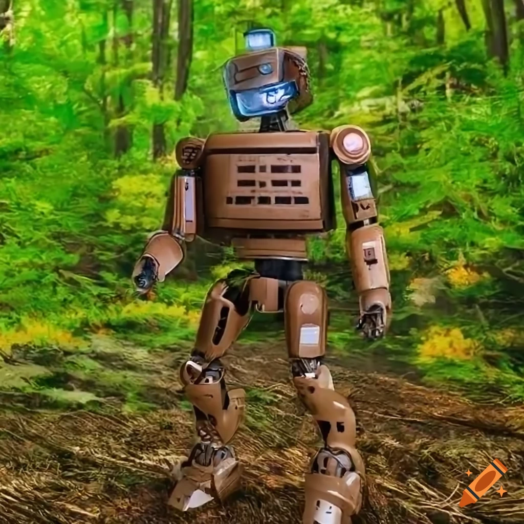 Illustration of a heroic lumberjack robot in the forest on Craiyon