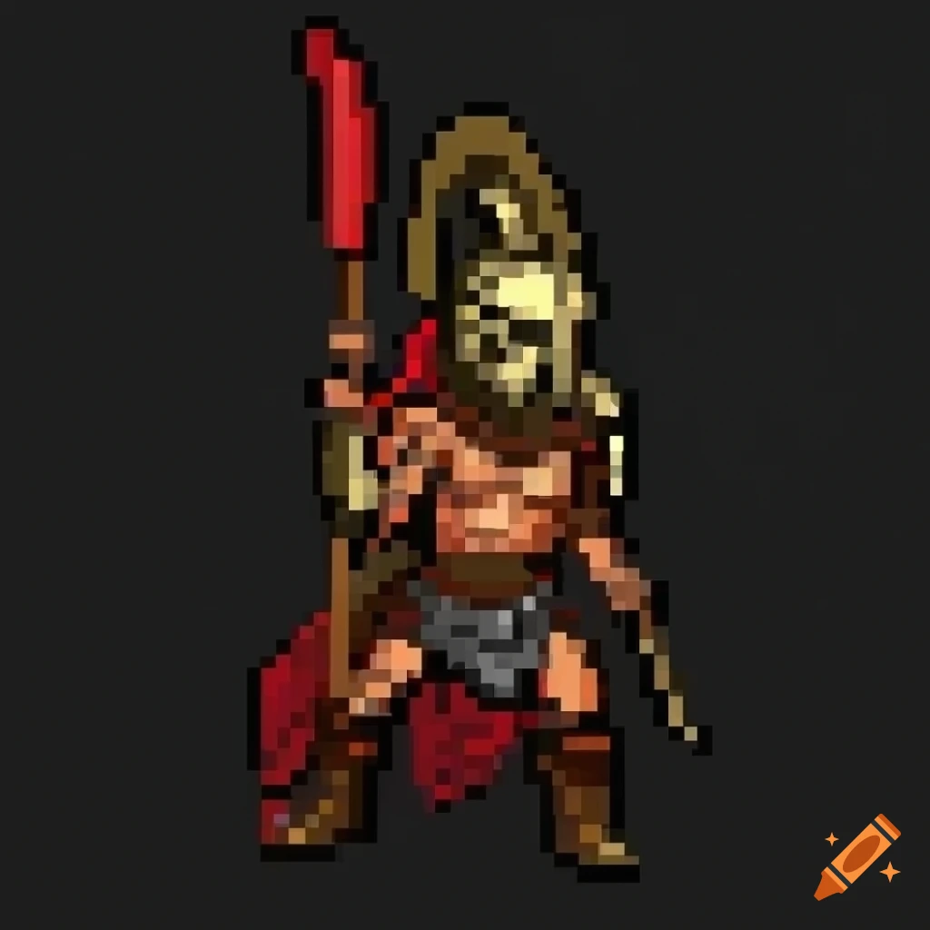 Pixel art of a Roman Spartan facing forward on Craiyon