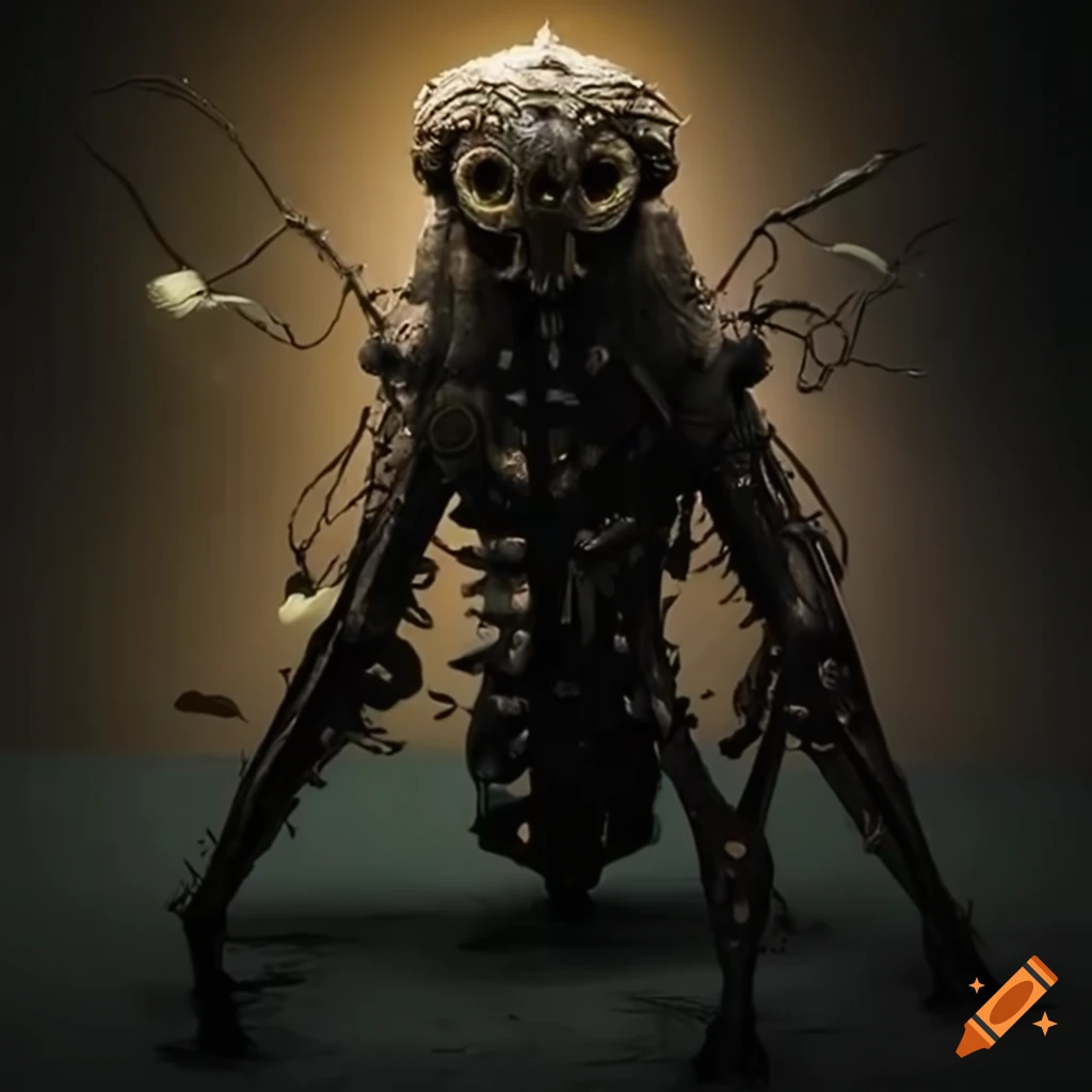 Sinister mechanical insect in a dystopian city