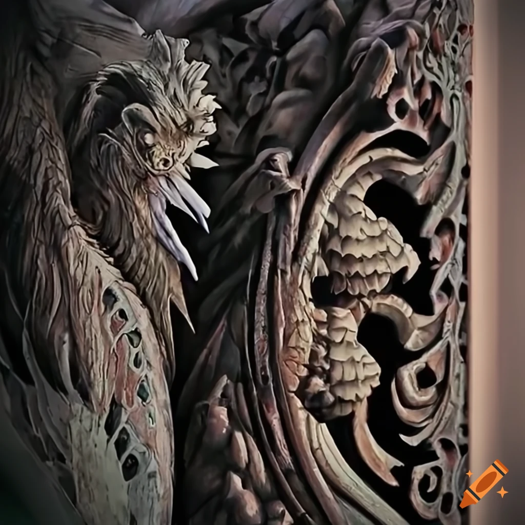 Detailed carving of a moth werewolf motif on Craiyon