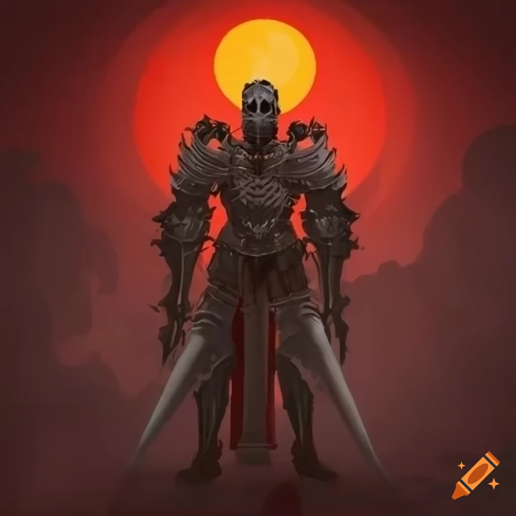 Red sun background with skeleton in armor