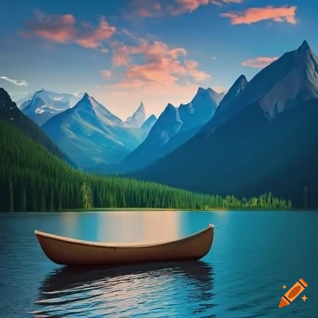 Scenic view of mountains with canoes in the foreground on Craiyon