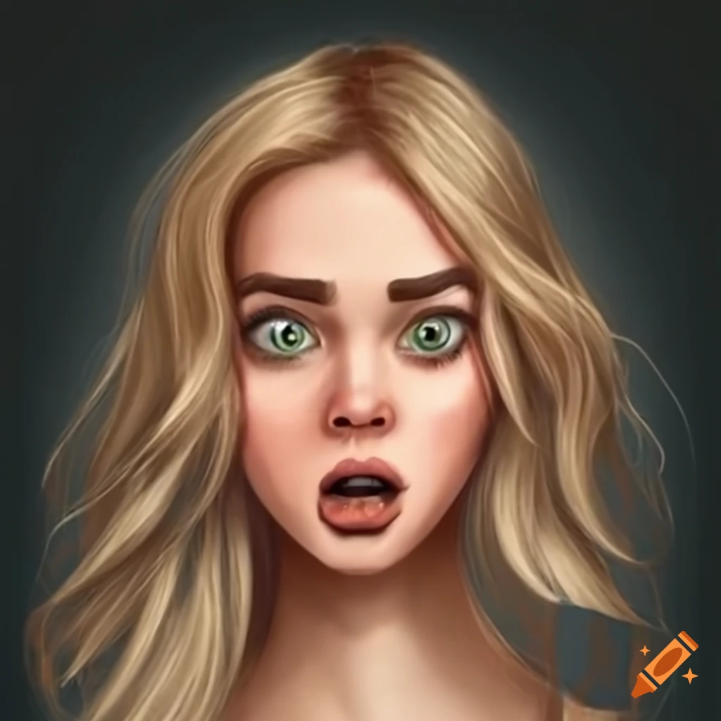 Image of a scared woman with blond hair and green eyes on Craiyon