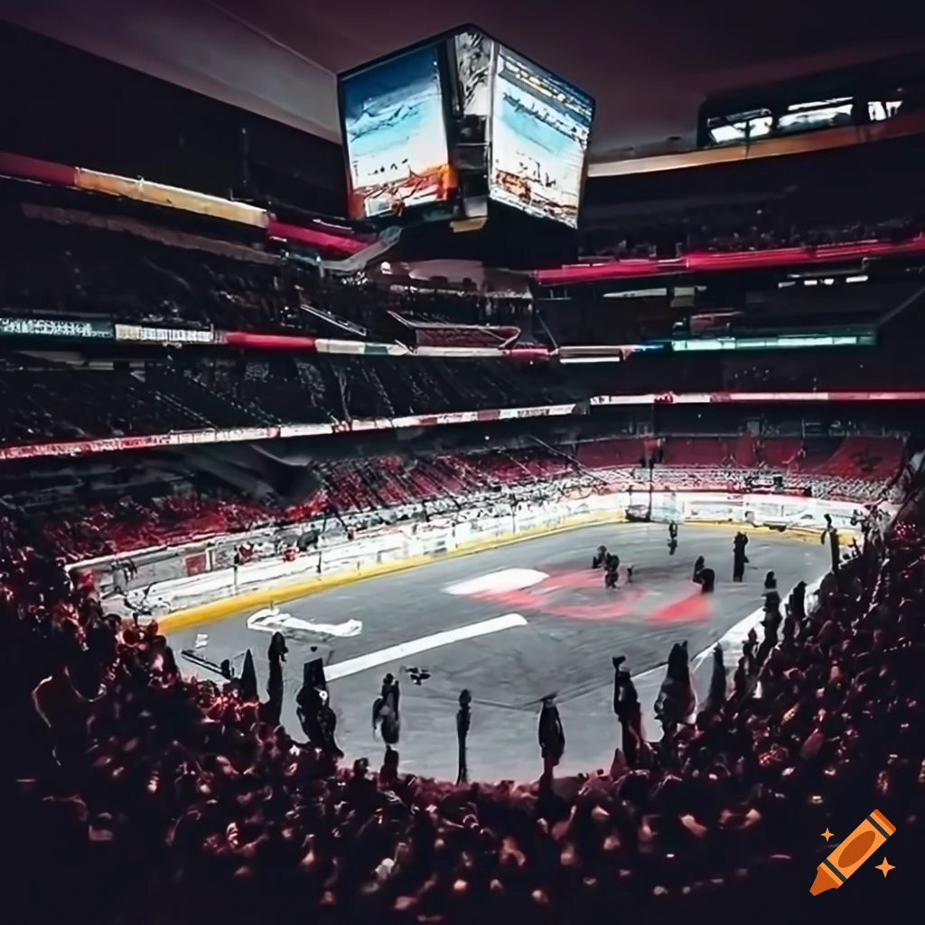 Hockey arena with a packed crowd on Craiyon