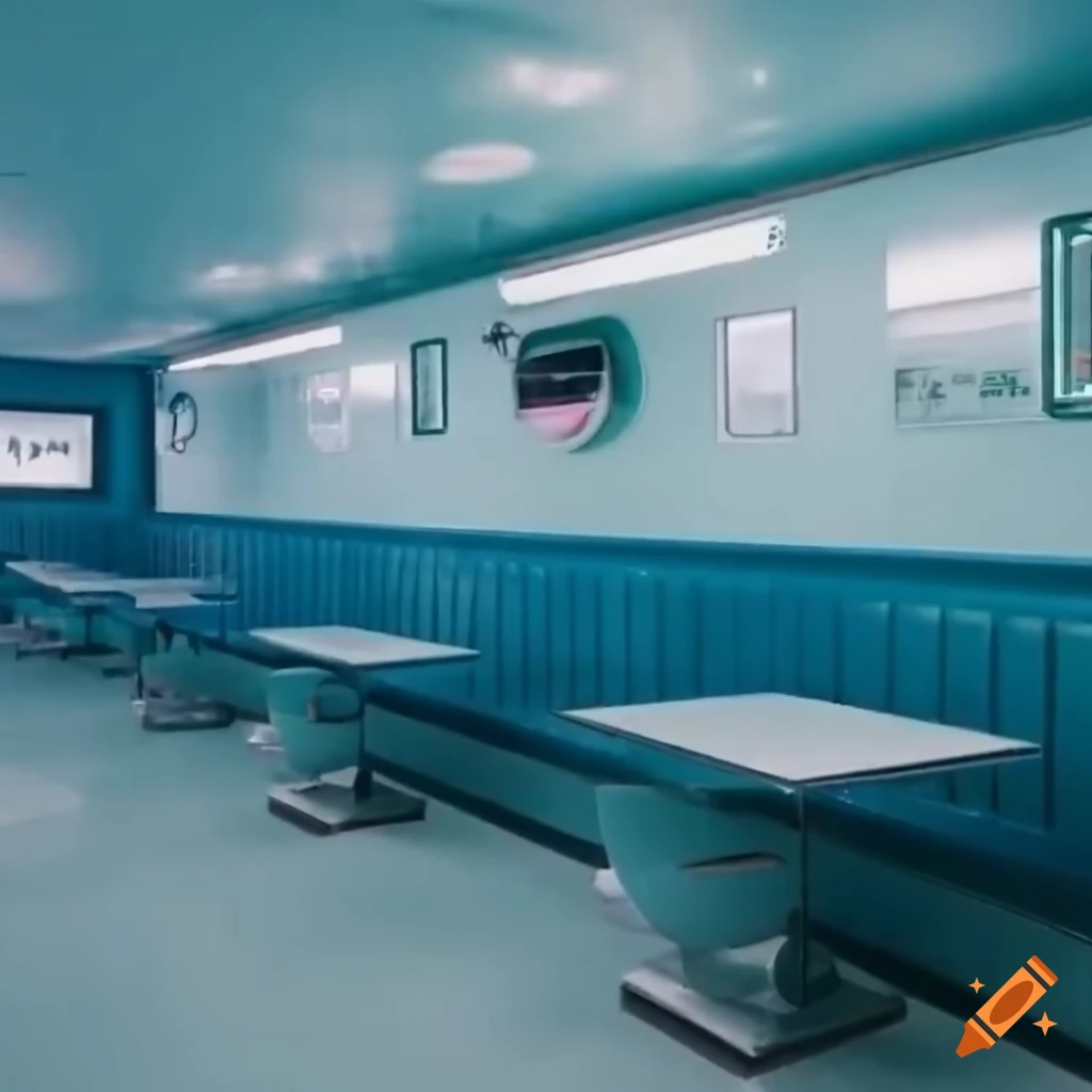 Photograph of a mysterious diner interior during the blue hour on Craiyon