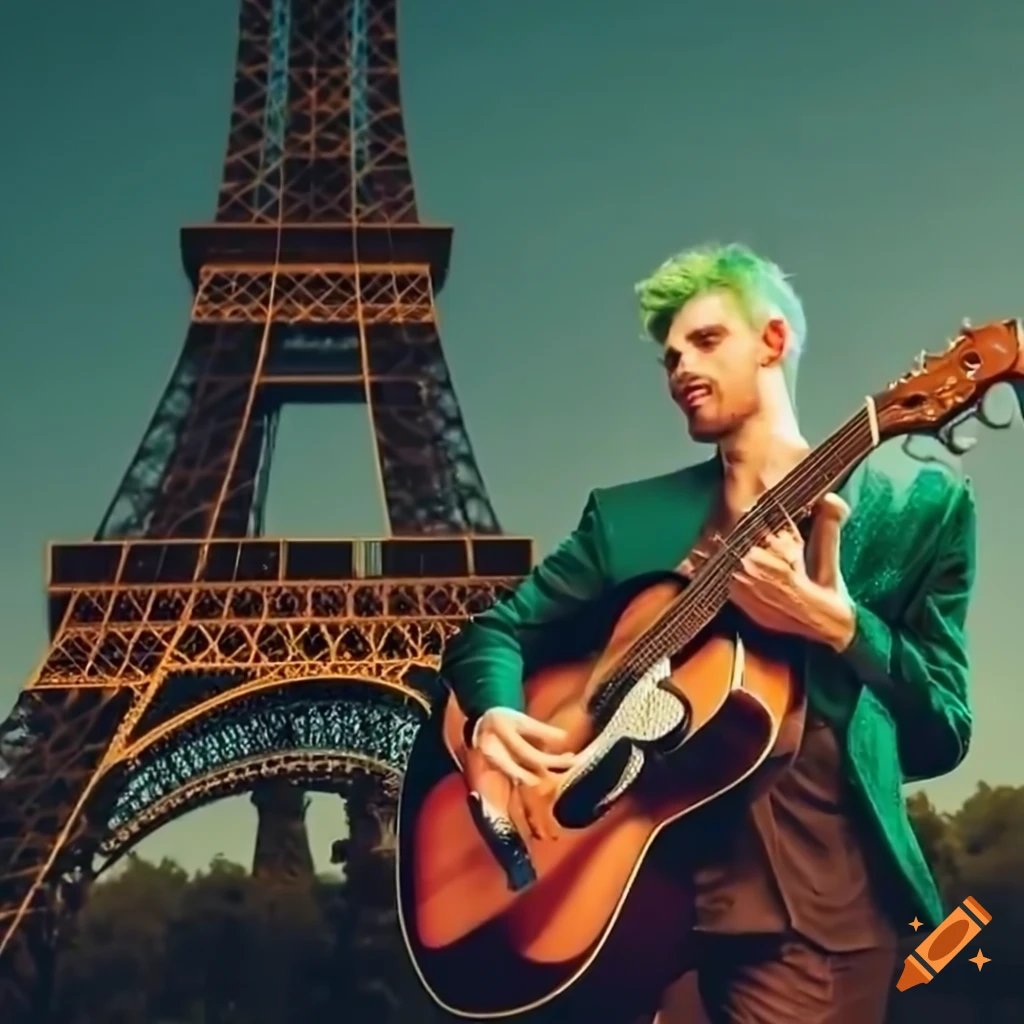 Green-haired musician performing in front of Eiffel Tower on Craiyon