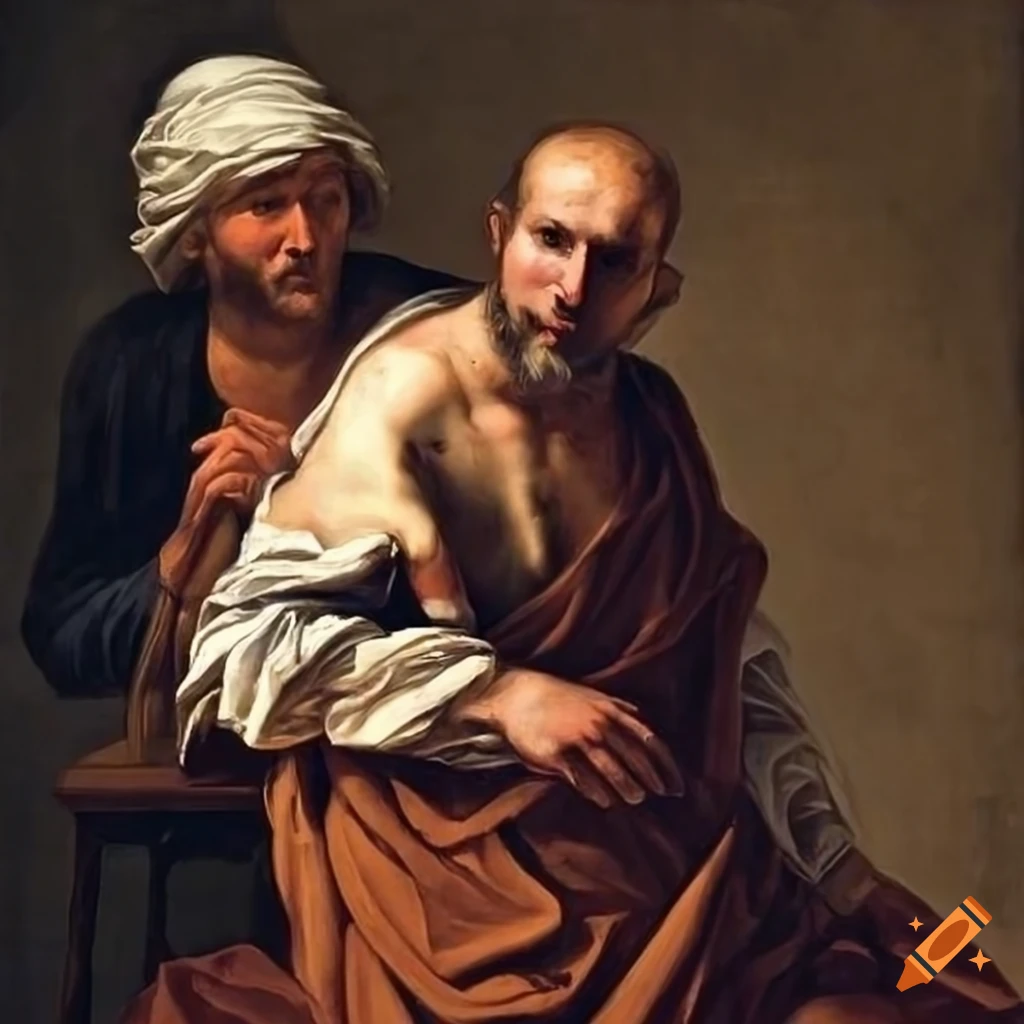 Religious painting of a man kneeling before jesus