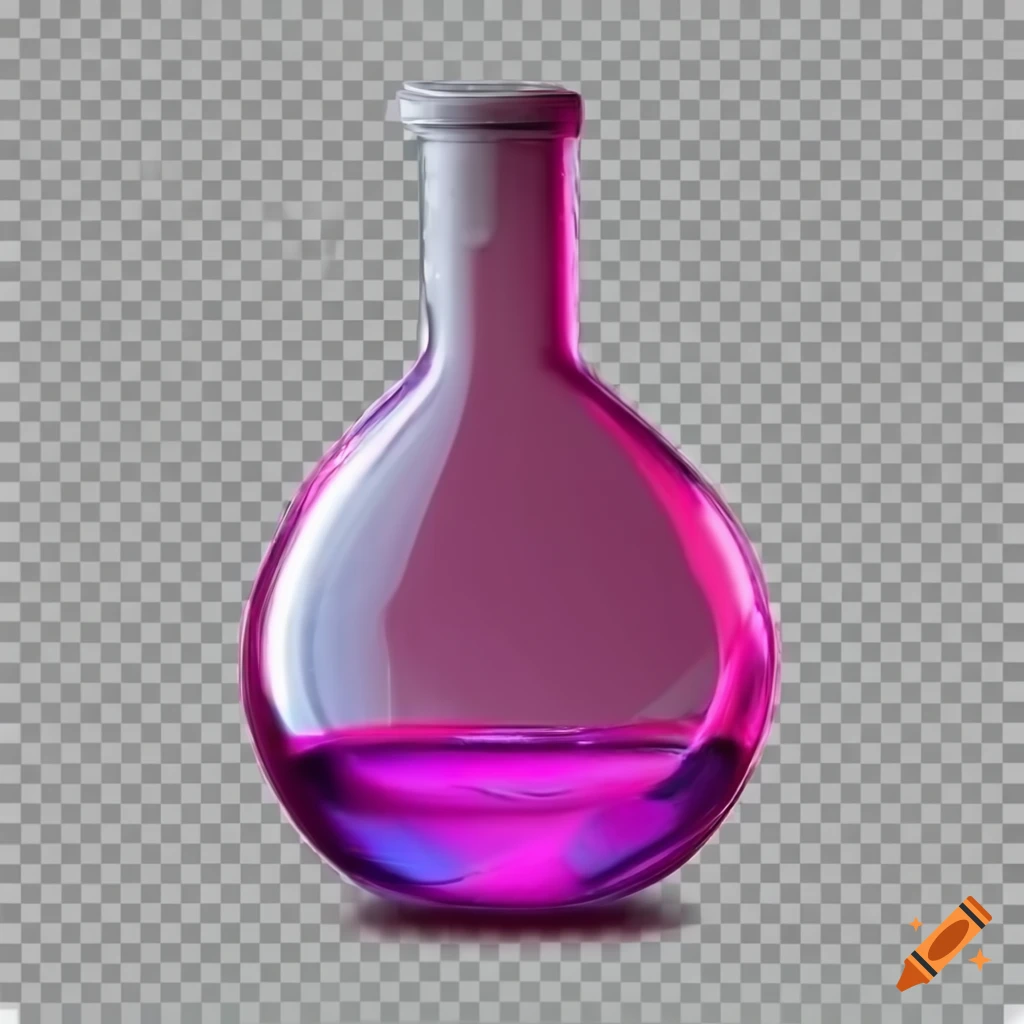 Glass flask with white and pink glowing liquid on Craiyon