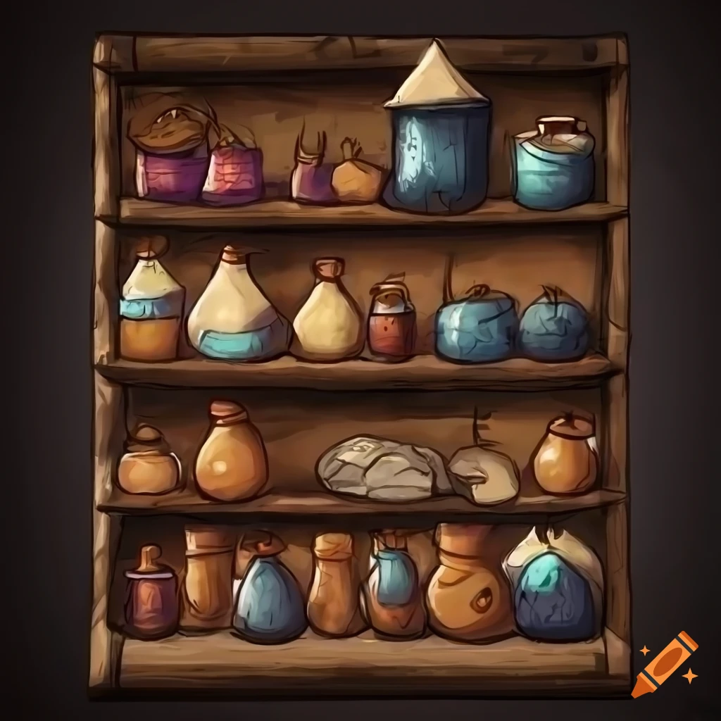 Gravity falls style artwork of a cluttered wooden shelf with potions on ...