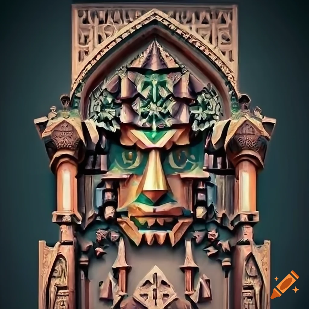 Detailed zelda game-inspired architectural stave carving