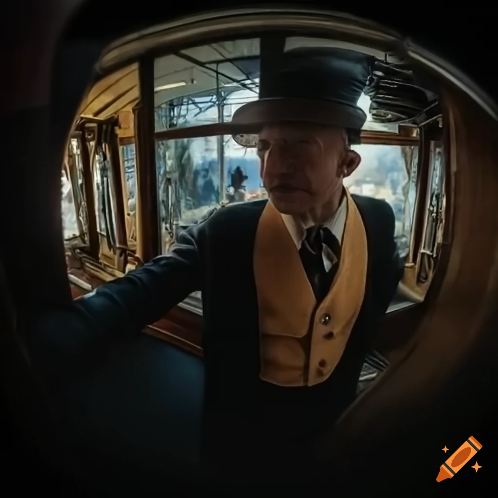 Realistic shot of a tram conductor in 1940s
