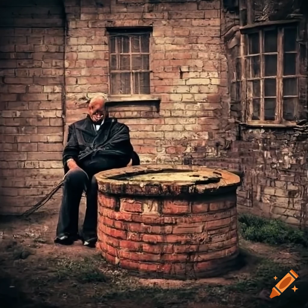 Image of an old man next to a damaged water well on Craiyon