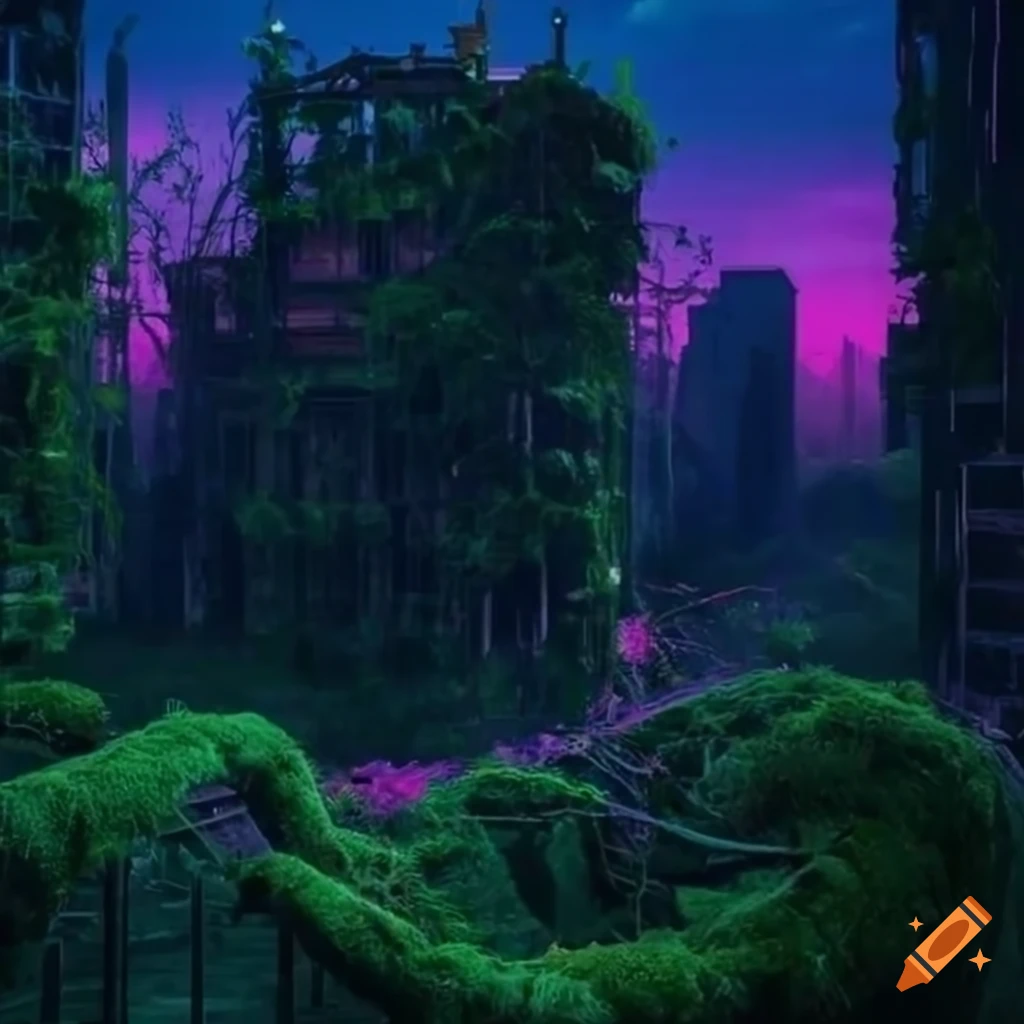 Synthwave city consumed by nature on Craiyon