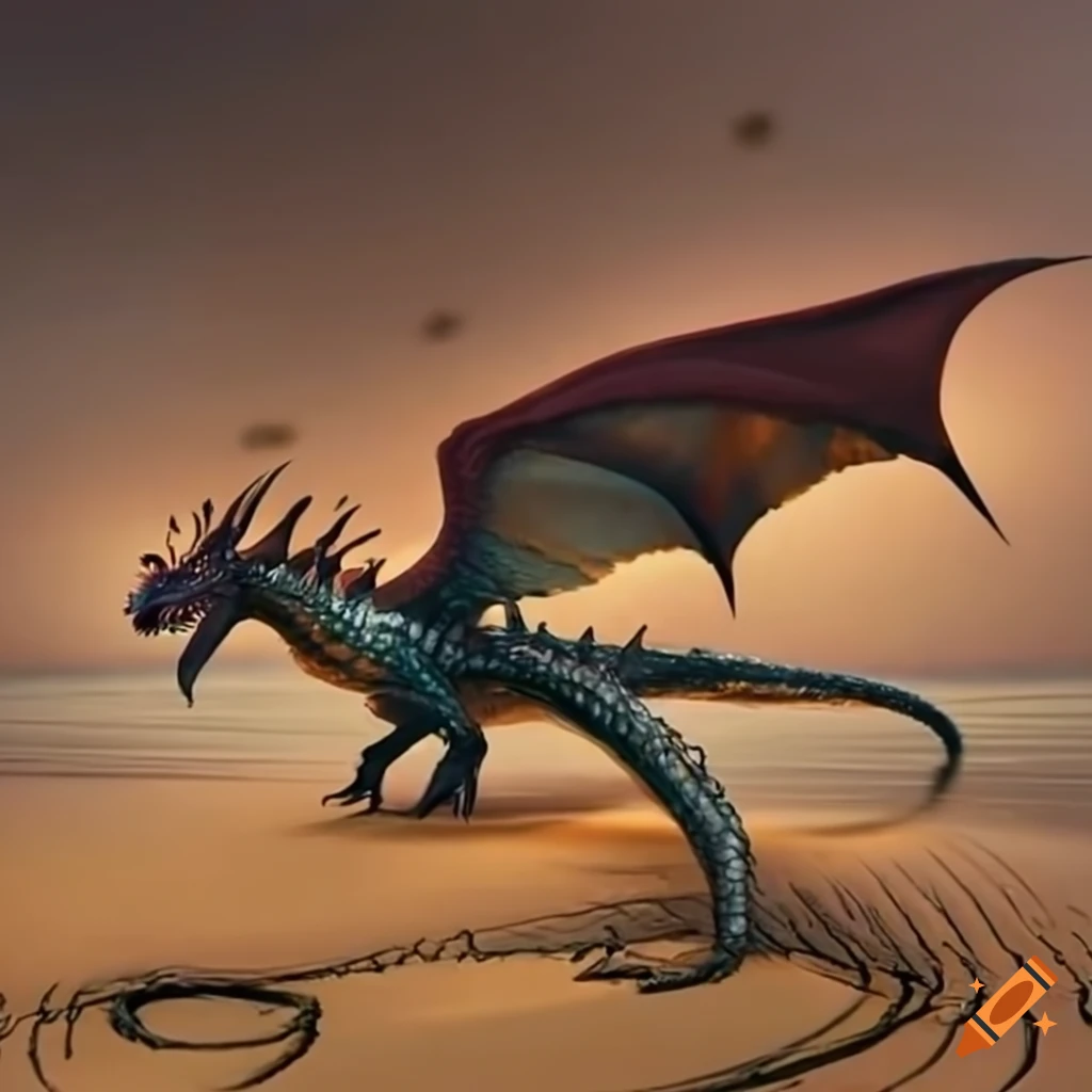 Art of a dragon trapped in a shallow river on Craiyon