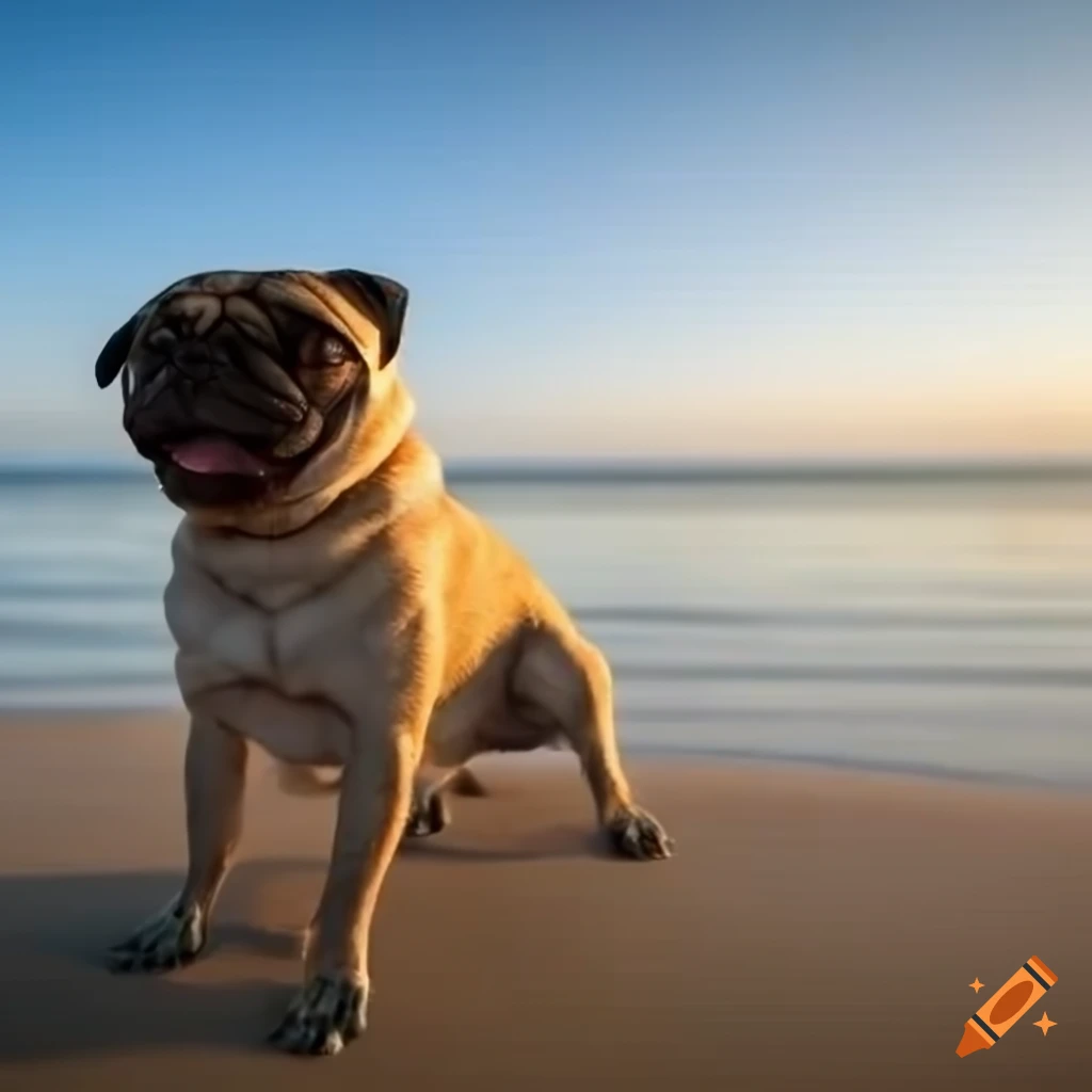 Photorealistic pug enjoying the sun on the beach on Craiyon
