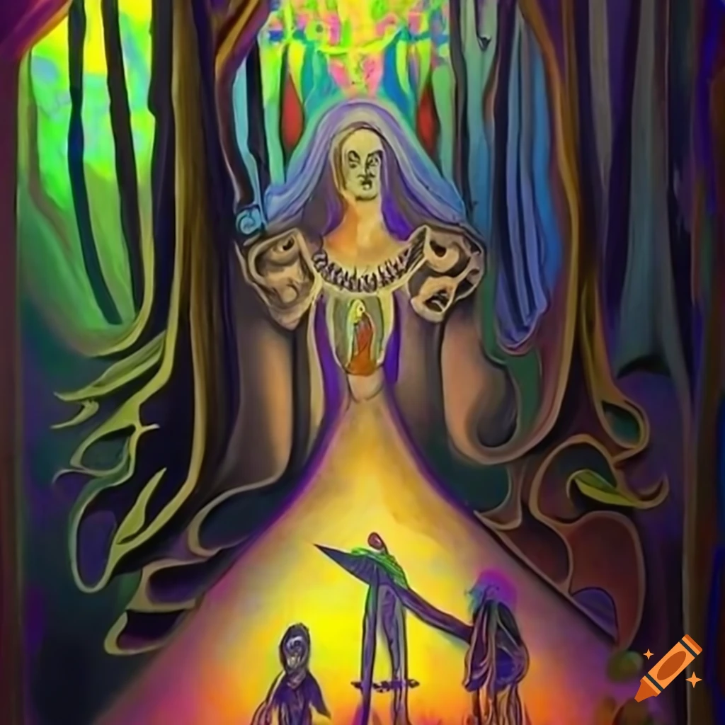 Illustration of a sacred Santo Daime path in a forest on Craiyon