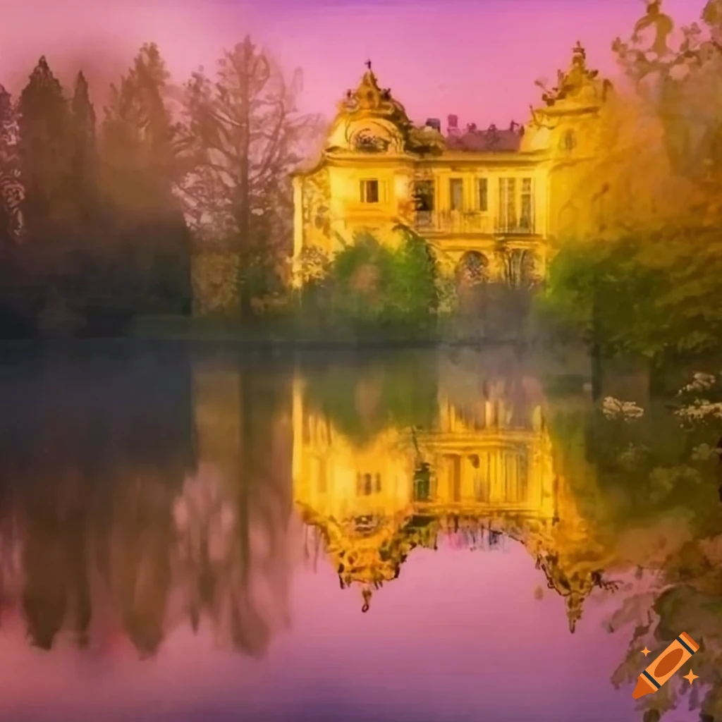 Watercolor painting of a gold rococo garden with a pink balcony on Craiyon
