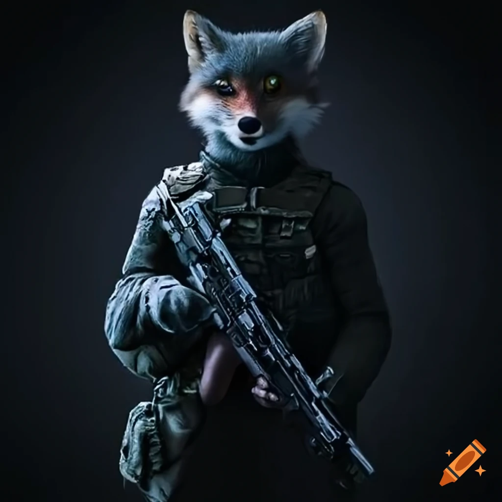 Modern anthropomorphic fox soldier in the night on Craiyon