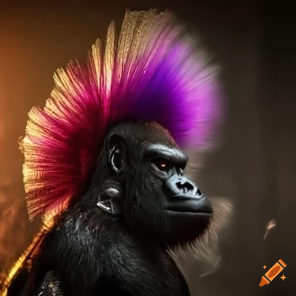 Steampunk gorilla with purple mohawk in an alley fight on Craiyon