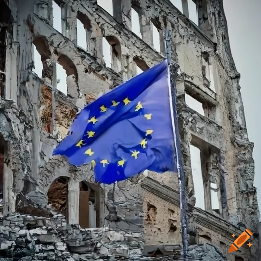 Image of a torn european flag in front of a ruined building