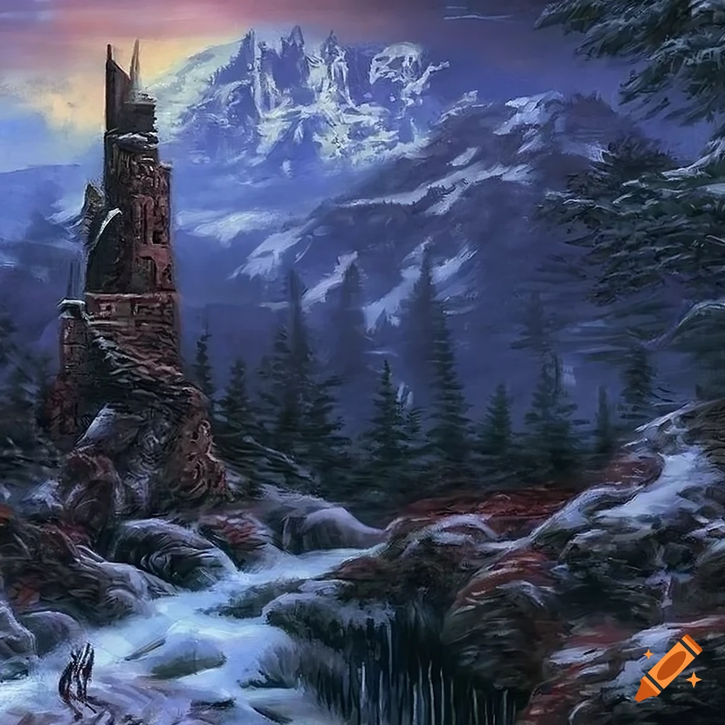 Painting of a mysterious wizards tower in a snowy forest on Craiyon