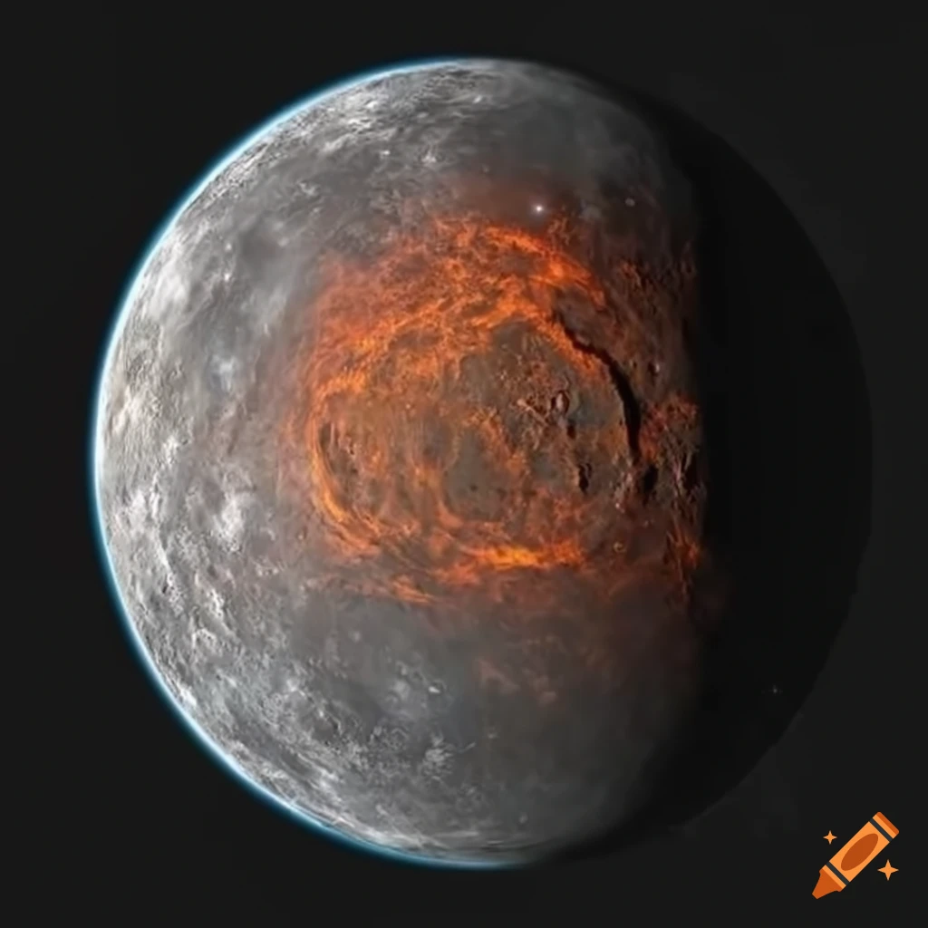 Image of a volcanic planet orbiting an orange star on Craiyon