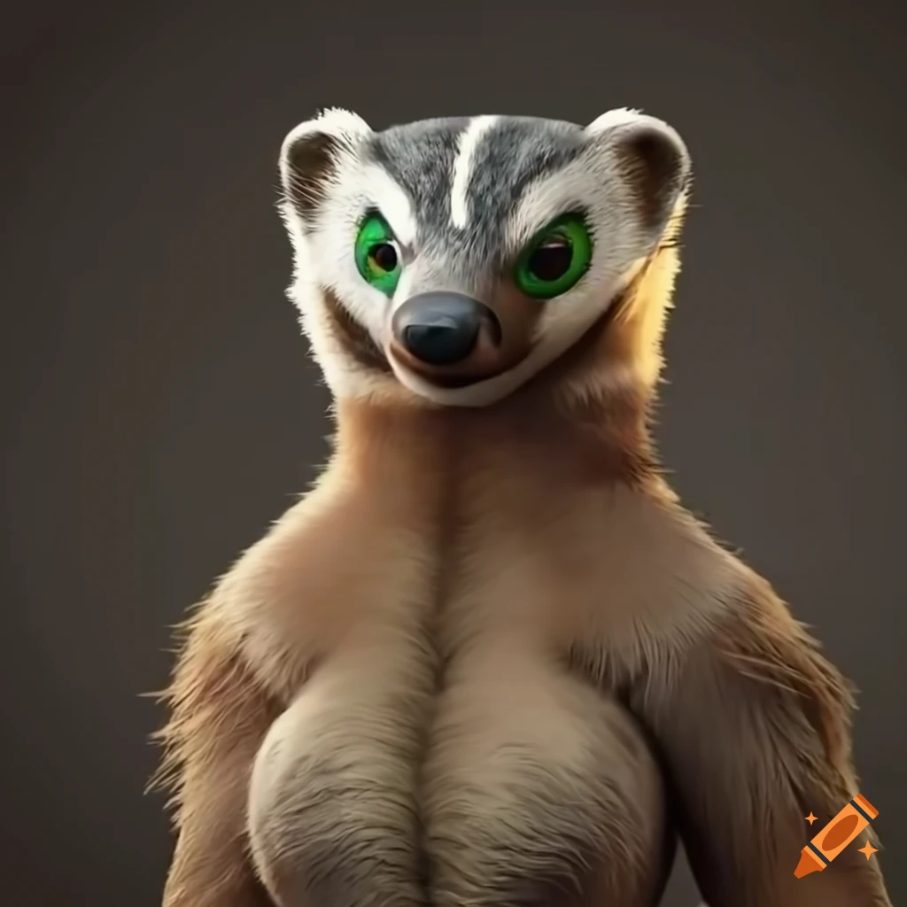Animatronic female badger with green eyes in a pizza restaurant on Craiyon