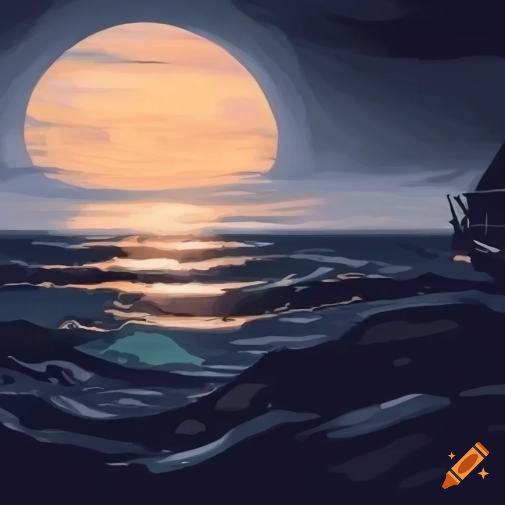 Cartoon sea landscape with a boat on Craiyon