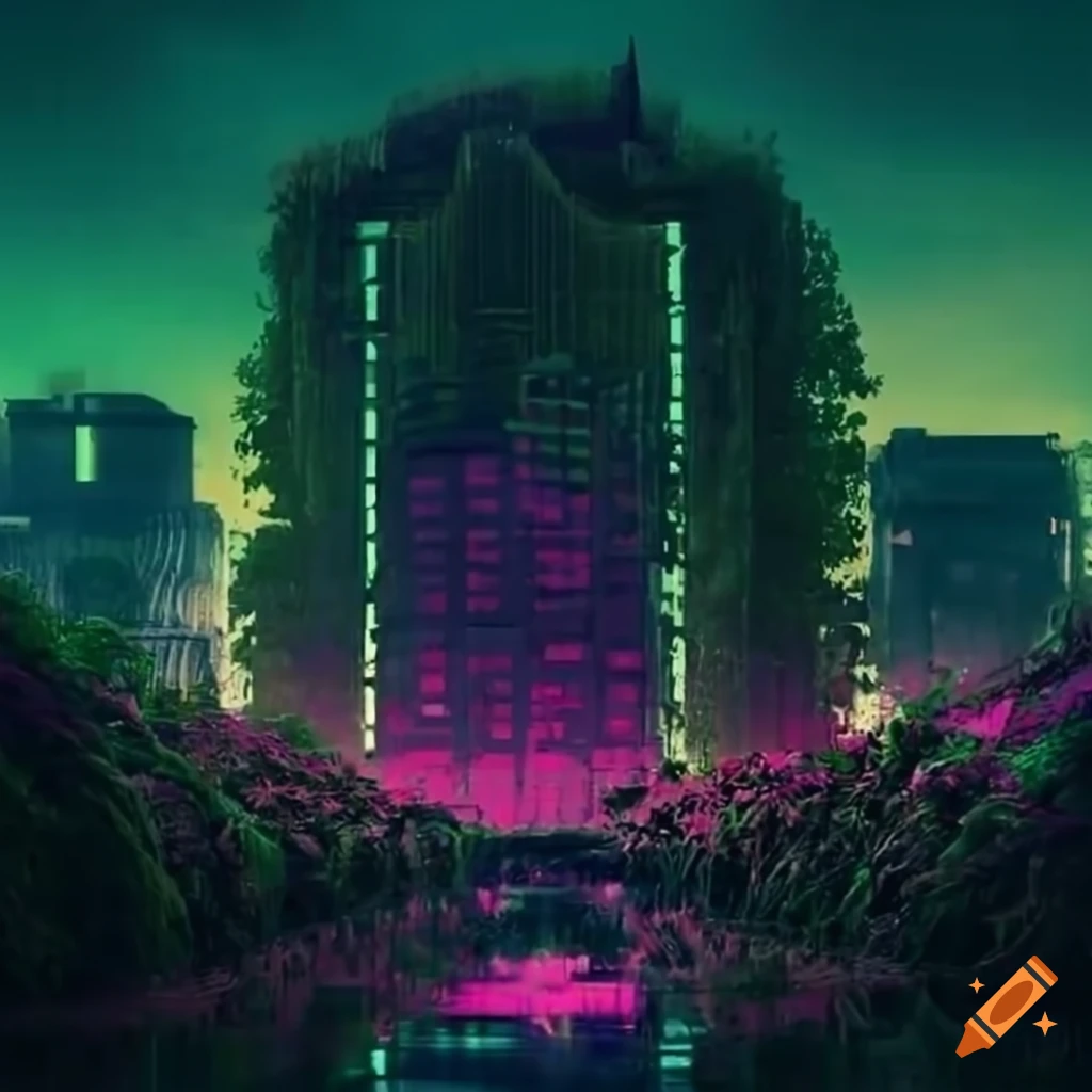 Synthwave city consumed by nature on Craiyon