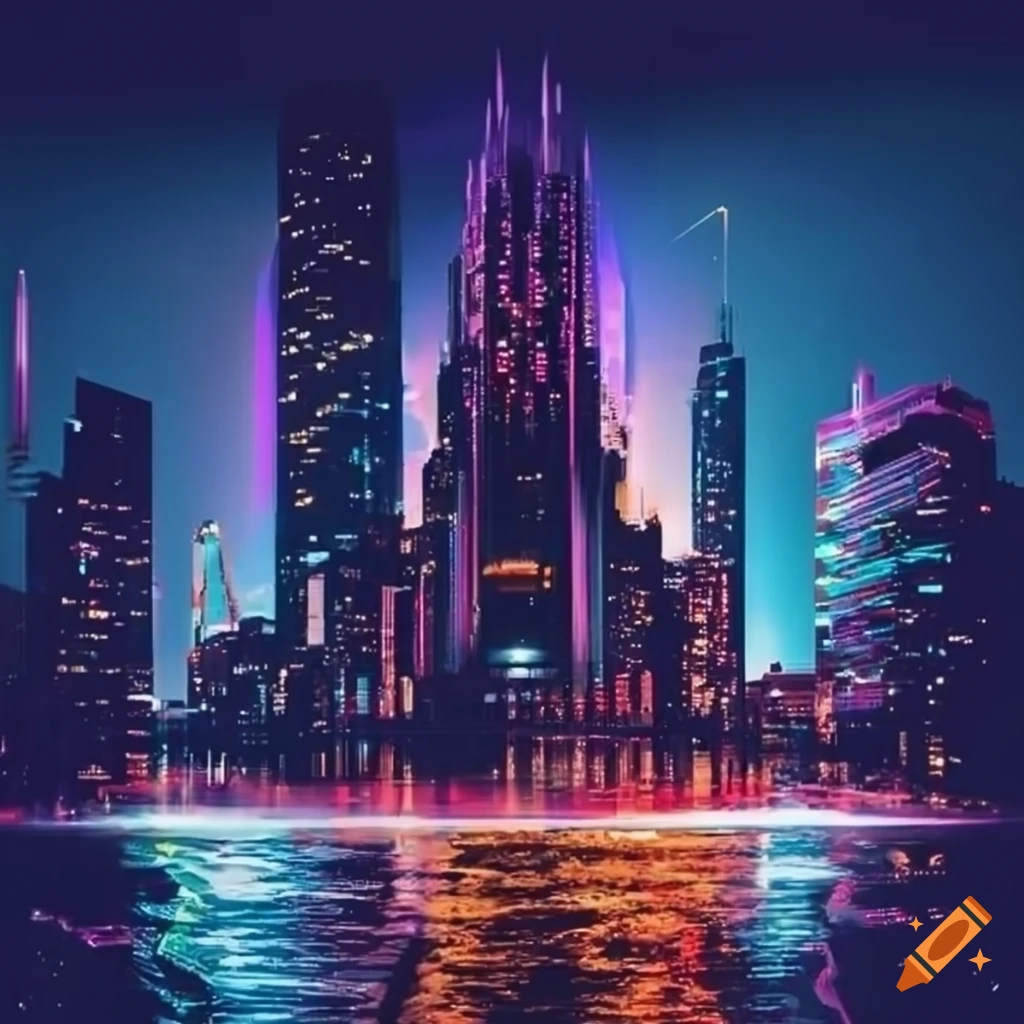 Futuristic cityscape with neon lights and flying cars on Craiyon