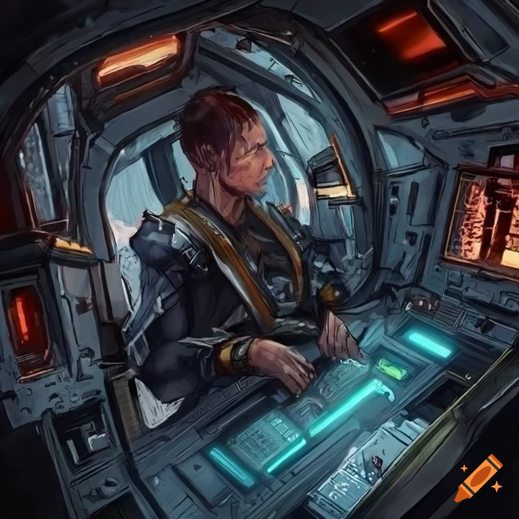 Detailed comic book art of pilots in futuristic cockpit