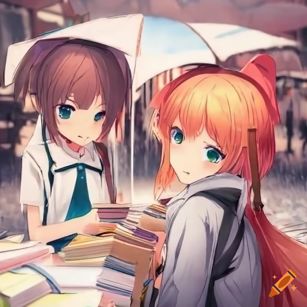 Cheerful anime girls bonding while reading science books at an outdoor ...