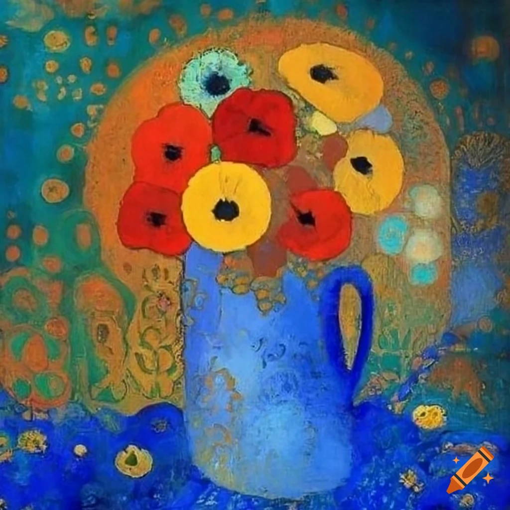 Abstract artwork with blue squares and colorful poppies on Craiyon