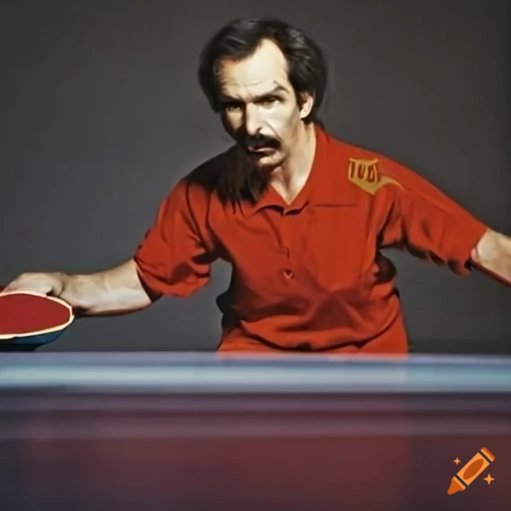 Ron burgundy playing table tennis in a fire uniform on Craiyon